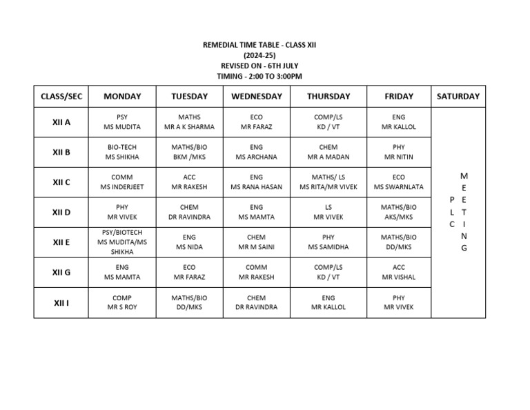 Remedial Time Table - Class Xii | PDF