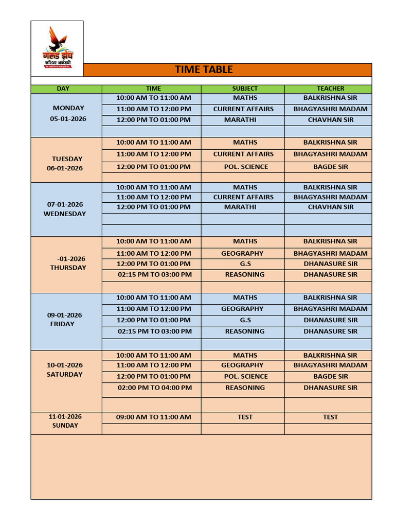 New Time Table 05-01-2026 | PDF