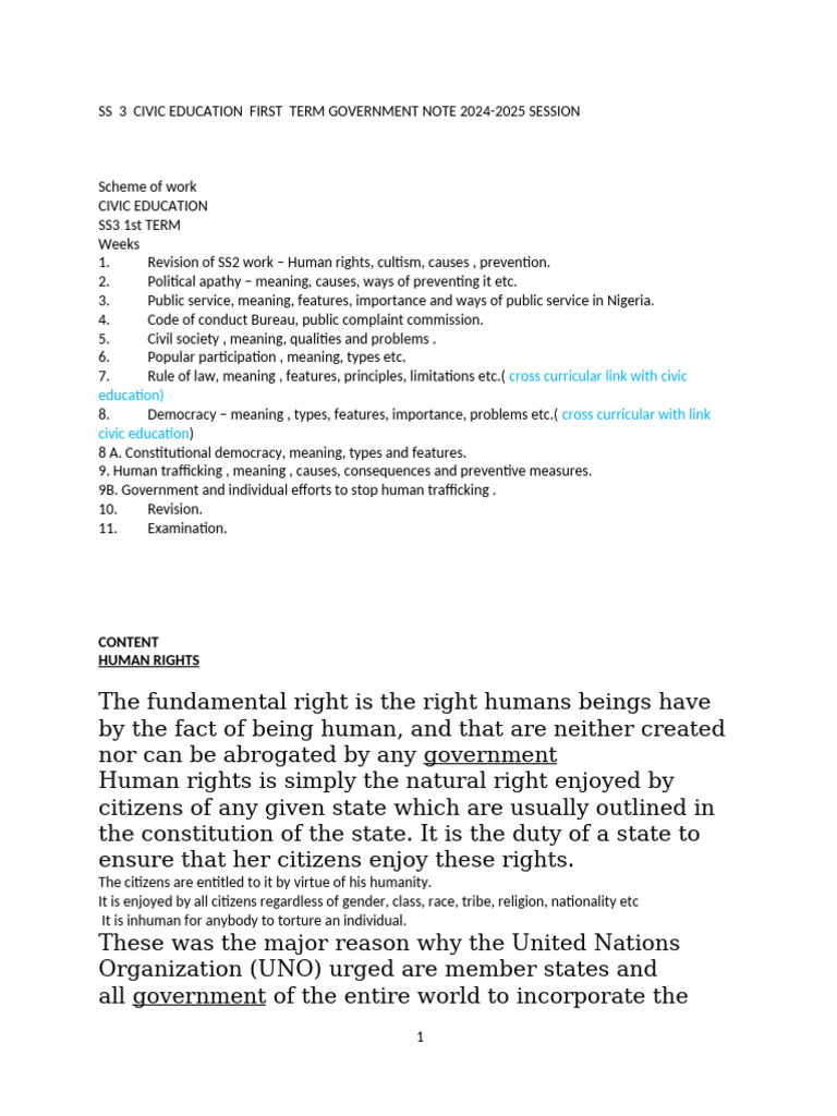 Ss 3 Civic Education First Note 2025-2026 | PDF | Civil Service | Rule ...
