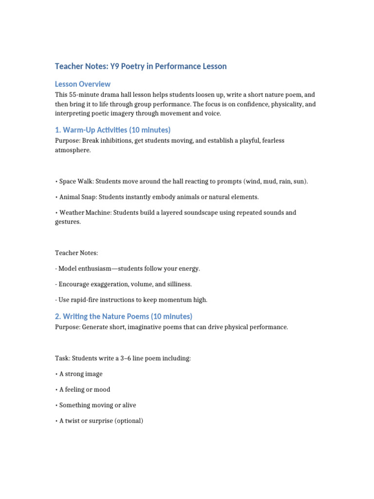 Y9 Poetry Performance Teacher Notes | PDF