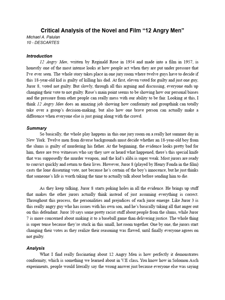 12 Angry Men Critical Analysis PETA | PDF | Psychology | Cognition