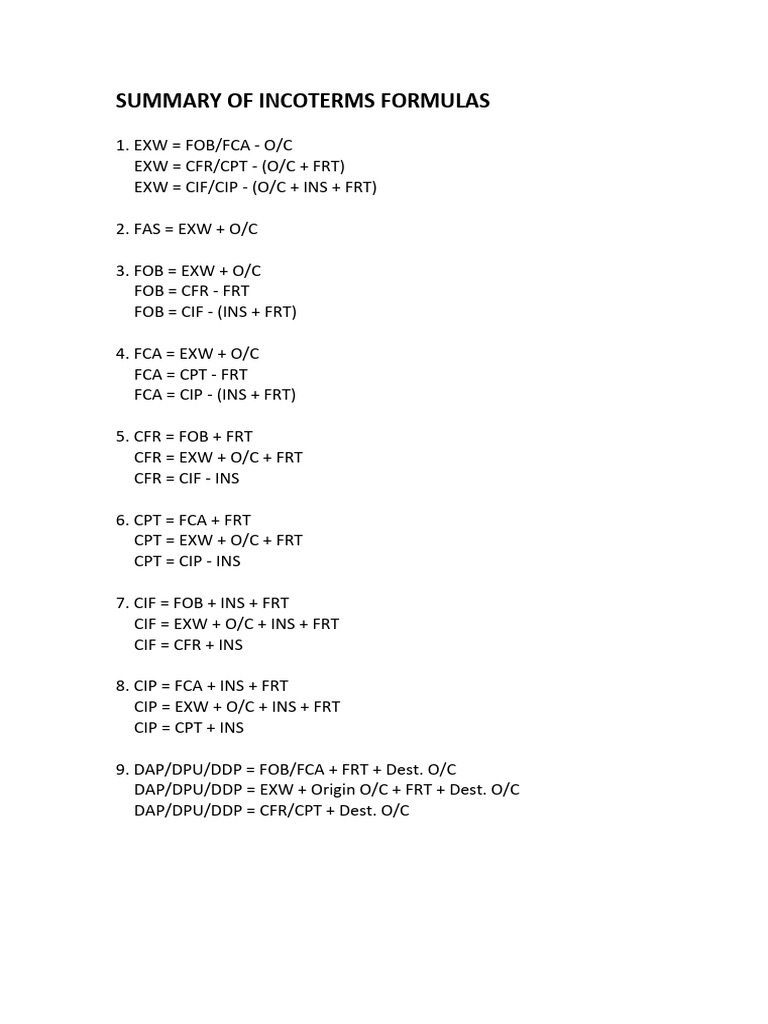 Summary of Incoterms Formulas | PDF
