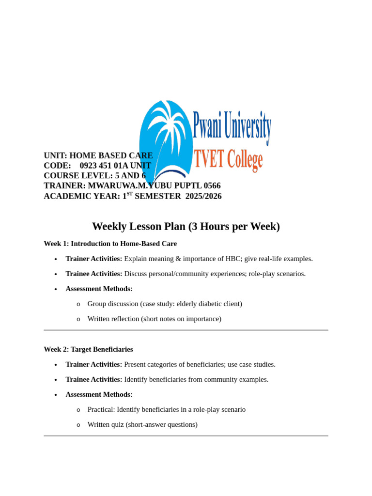 Home Based Care Weekly Lesson Plan | PDF | Evaluation