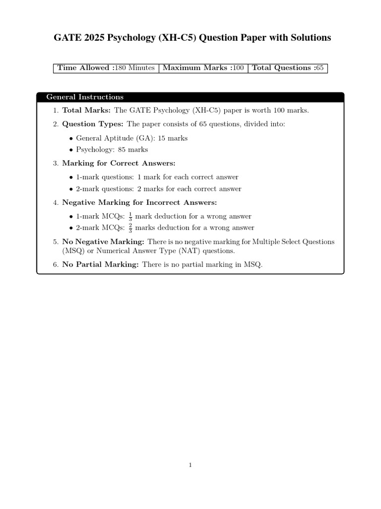 GATE 2025 Psychology XH C5 Question Paper With Solutions | PDF | Factor ...