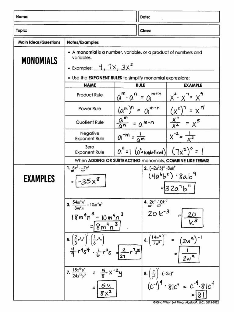 KEY Notes Lesson 1 - Mon and Poly and Operations | PDF | Polynomial ...