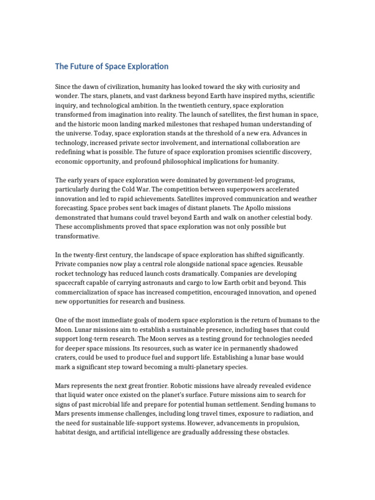 Essay The Future of Space Exploration | PDF | Space Exploration | Outer ...
