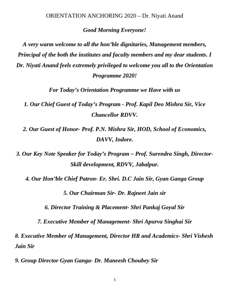 Orientation Anchoring 2020 Niyati Speech Anchoring | PDF