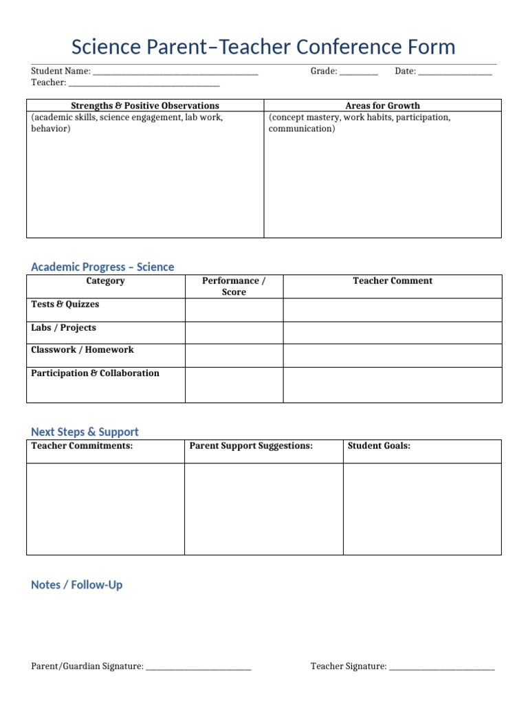 Science Parent Teacher Conference Form | PDF