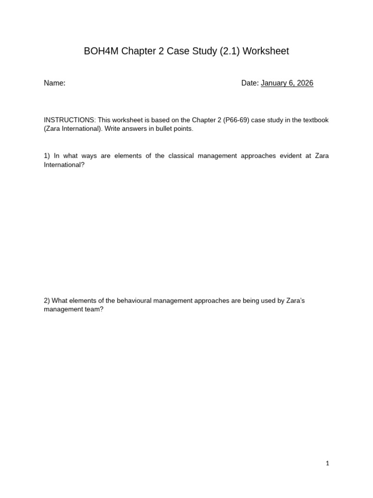 BOH4M Chapter 2 Case Study Worksheet (Zara) | PDF