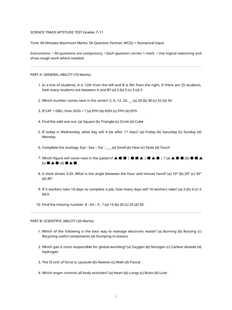 Science Track Aptitude Test - 50 Marks | PDF | Water | Acid