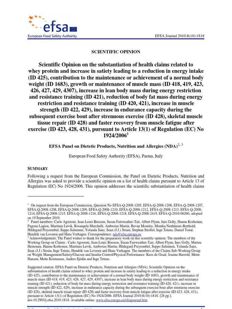 EFSA-Health Claims Related To Whey Protein and Increase in Satiety ...