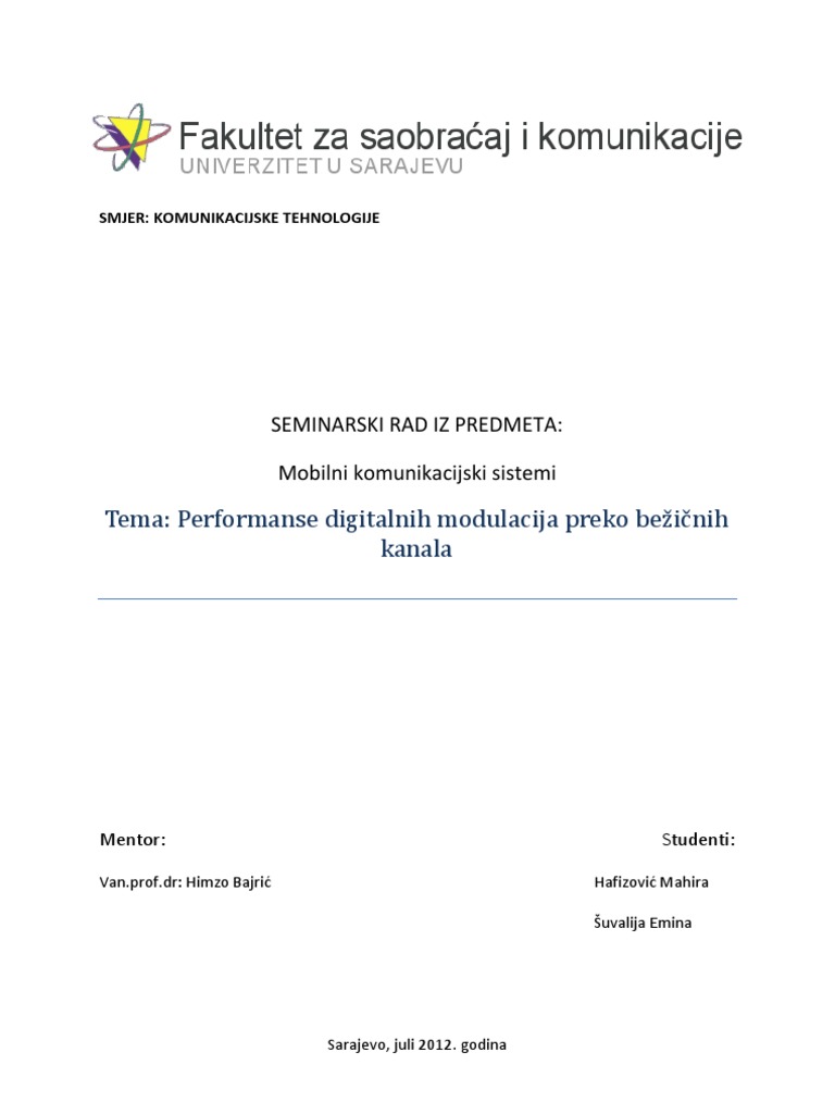 Performanse Digitalnih Modulacija Preko Bežičnih Kanala | PDF