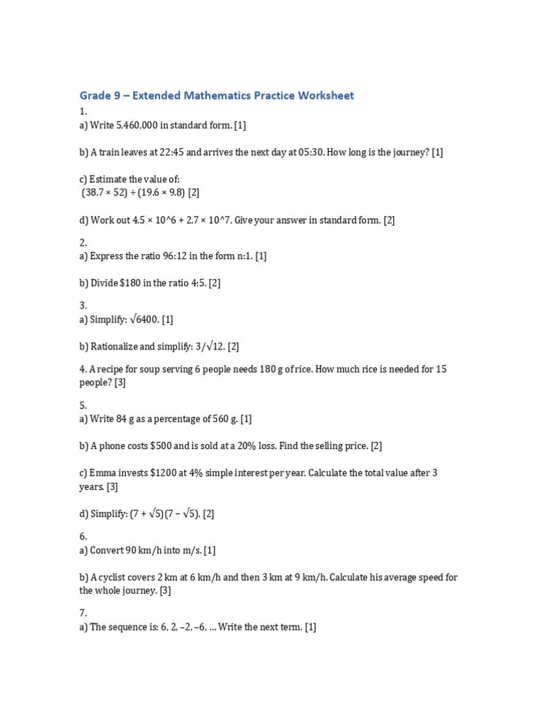 (16-Sep-25) MT1 Grade9 ExtendedMath Practice Worksheet411202518413 | PDF