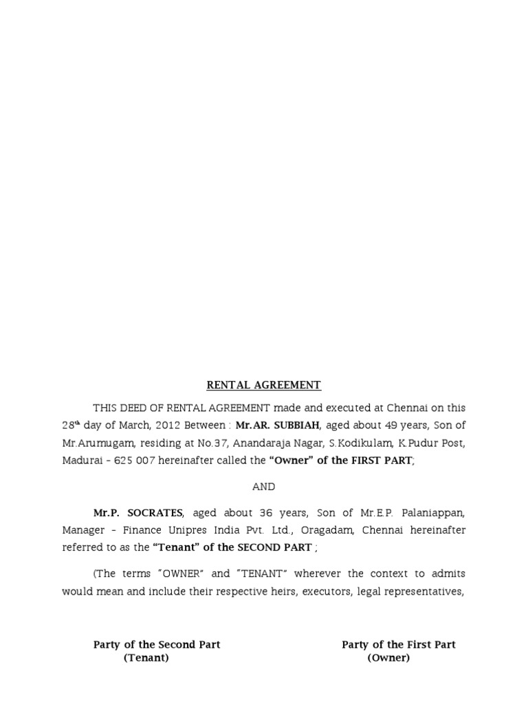 Rental Agreement-English Model | Leasehold Estate | Lease