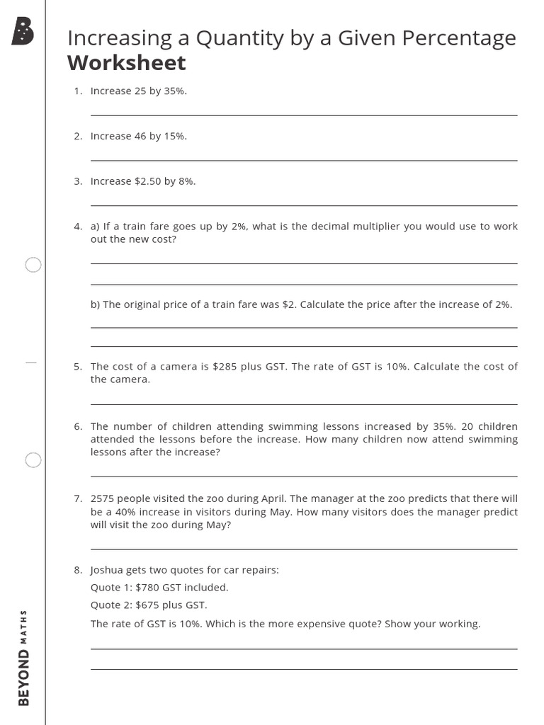 Increasing a Quantity by a Given Percentage Worksheet | PDF