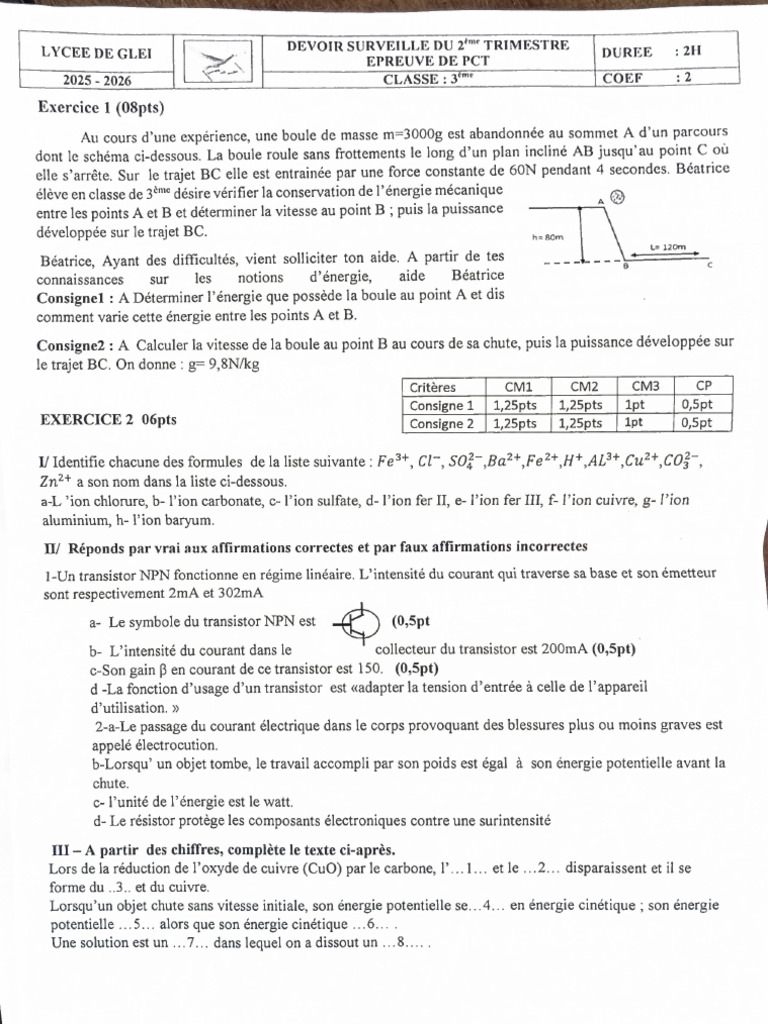 Devoirs 2T PCT Lycée Gleï | PDF