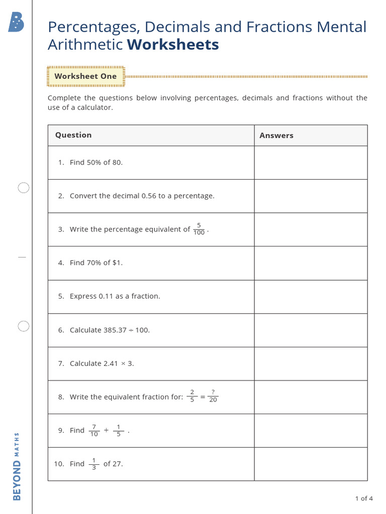 Percentages, Decimals and Fractions Mental Arithmetic Worksheets | PDF ...
