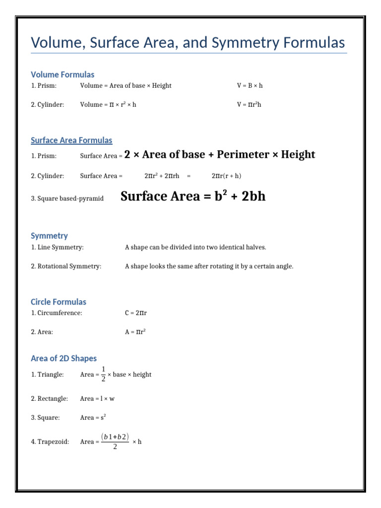 Volume Surface Area Symmetry Formulas | PDF