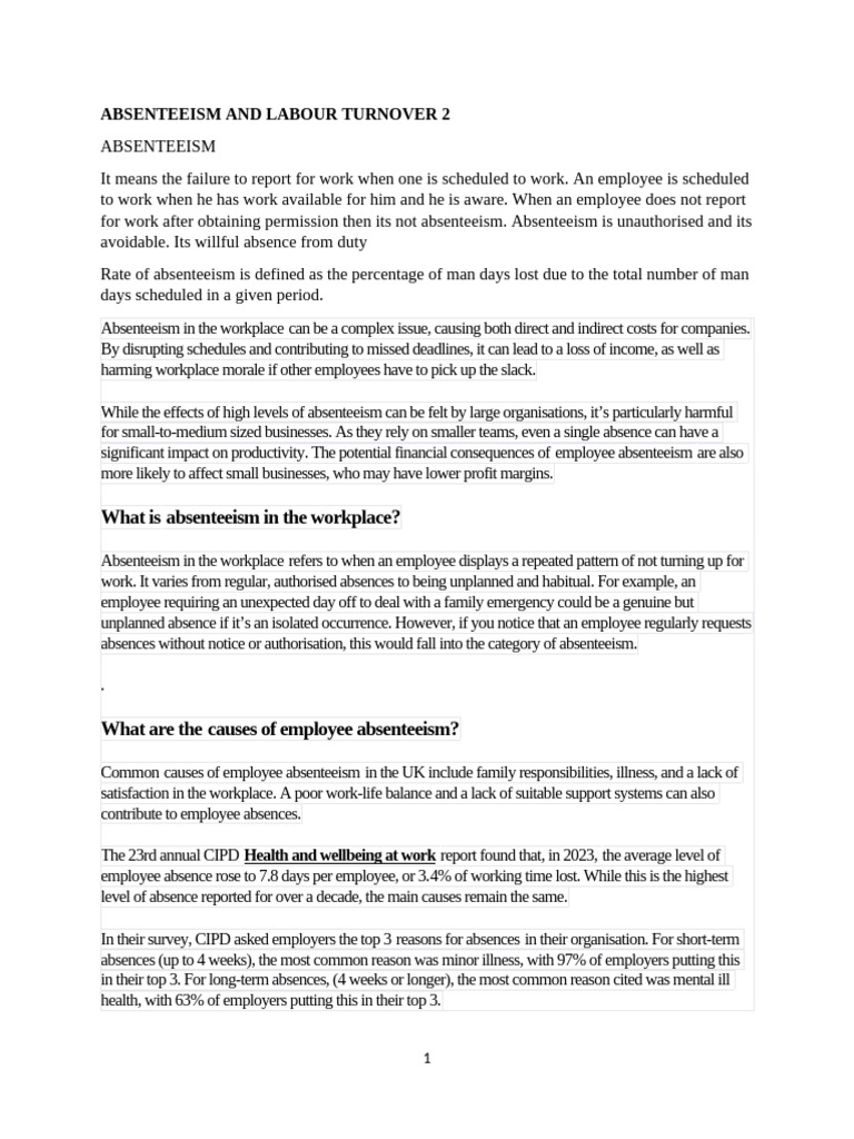 Absenteeism and Labour Turnover 2. 2026 | PDF | Occupational Stress ...
