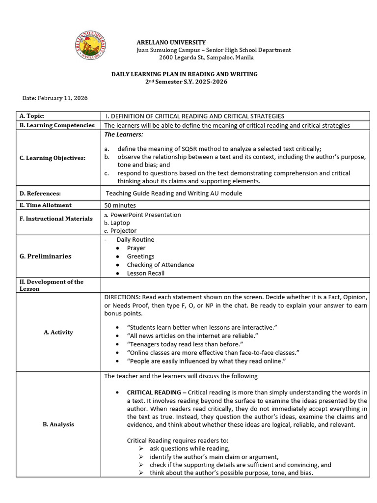 L5 DAY 1- LP READING AND WRITING | PDF | Reading Comprehension ...