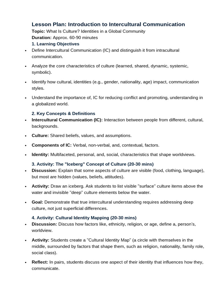 Lesson Plan 1 Intercultural Communication | PDF | Communication ...
