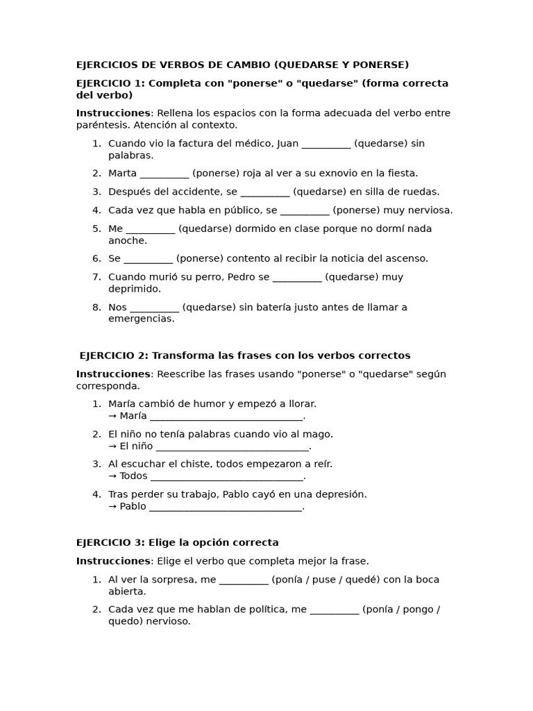 Ejercicios de Verbos de Cambio | PDF