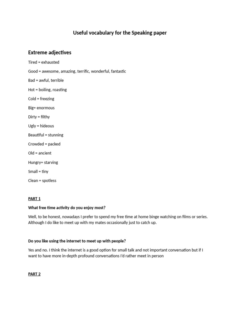 Useful Vocabulary for the Speaking Paper | PDF