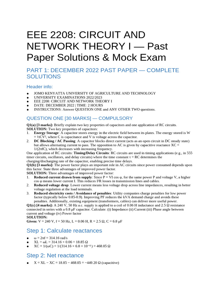EEE 2208 CIRCUIT AND NETWORK THEORY I Past Paper Solutions Mock Exam ...