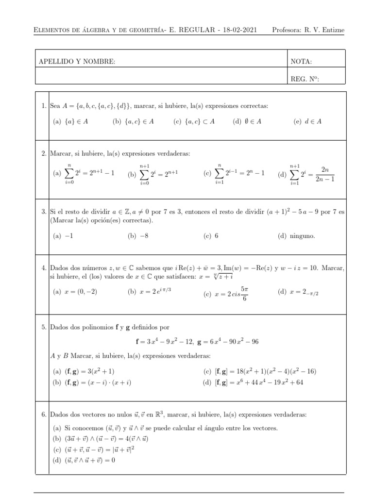 Final Regular de Elementos de Algebra y Geometria | PDF | Valores ...