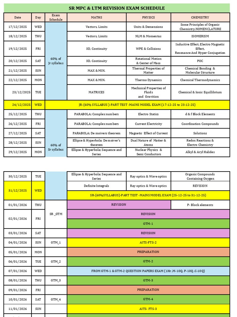 SR MPC & LTM Revision Exam Schedule | PDF | Chemistry | Chemical Compounds