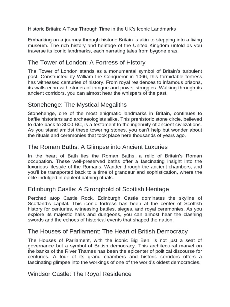 Historic Britain a Tour Through Time in the UK’s Iconic Landmarks | PDF ...