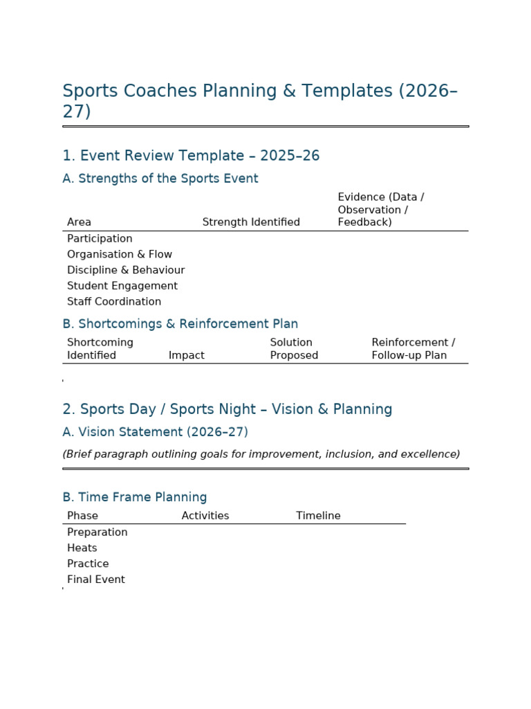 Sports Coaches Planning & Templates 2026-27 | PDF
