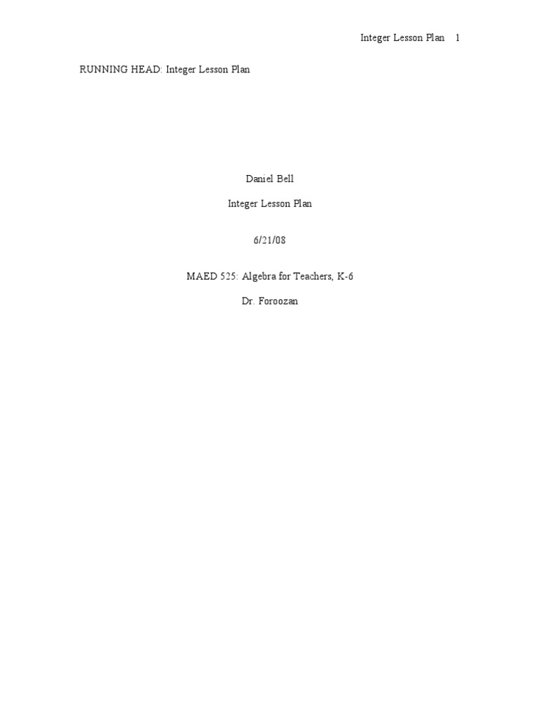 Integer Lesson Plan | PDF | Lesson Plan | Subtraction