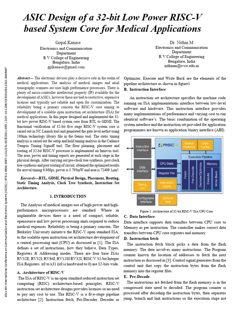 ASIC Design of A 32-Bit Low Power RISC-V Based System Core For Medical ...