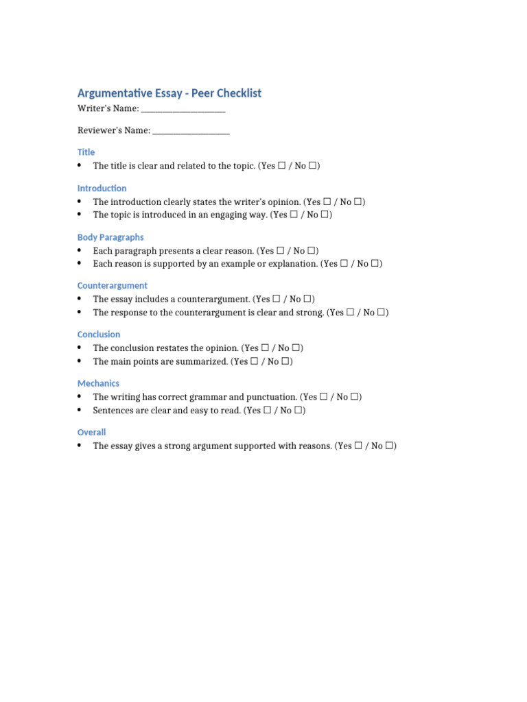 Argumentative Essay Peer Checklist | PDF
