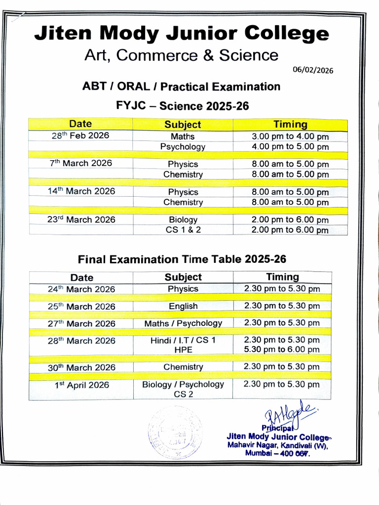 Fyjc Science Final Exam Time Table | PDF