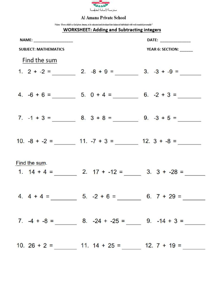 Adding and Subtracting Integers | PDF