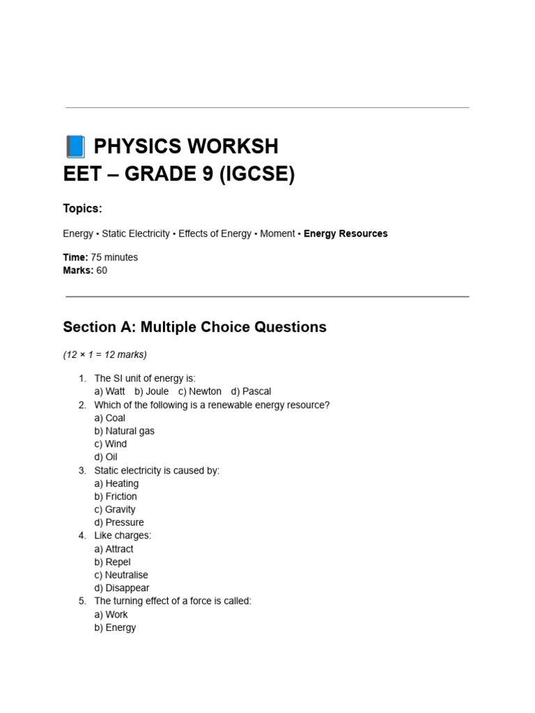 ? Physics Worksheet - Grade 9 (Igcse) | PDF | Force | Solar Energy