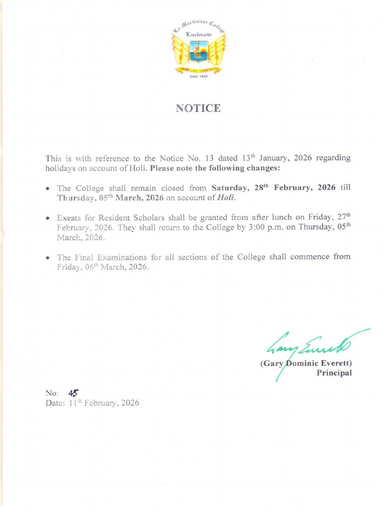 College Notice No. 45 of 2026 - Holi - Holidays | PDF