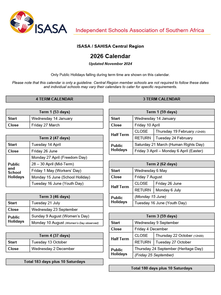 ISASA and SAHISA Central Region Calendar 2026 | PDF | Academic Term ...