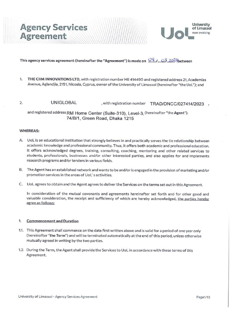 UNI GLOBAL Final Agreement | PDF