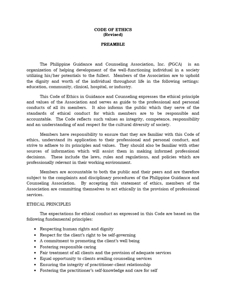 CODE of ETHICS of Counselors in The Philippines | PDF | Counseling ...