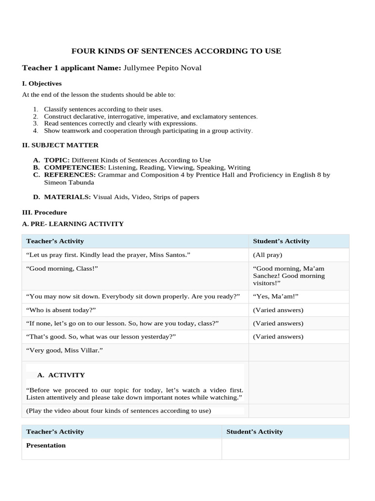 Detailed Lesson Plan in 4 Kinds of Sente | PDF | Question | Sentence ...