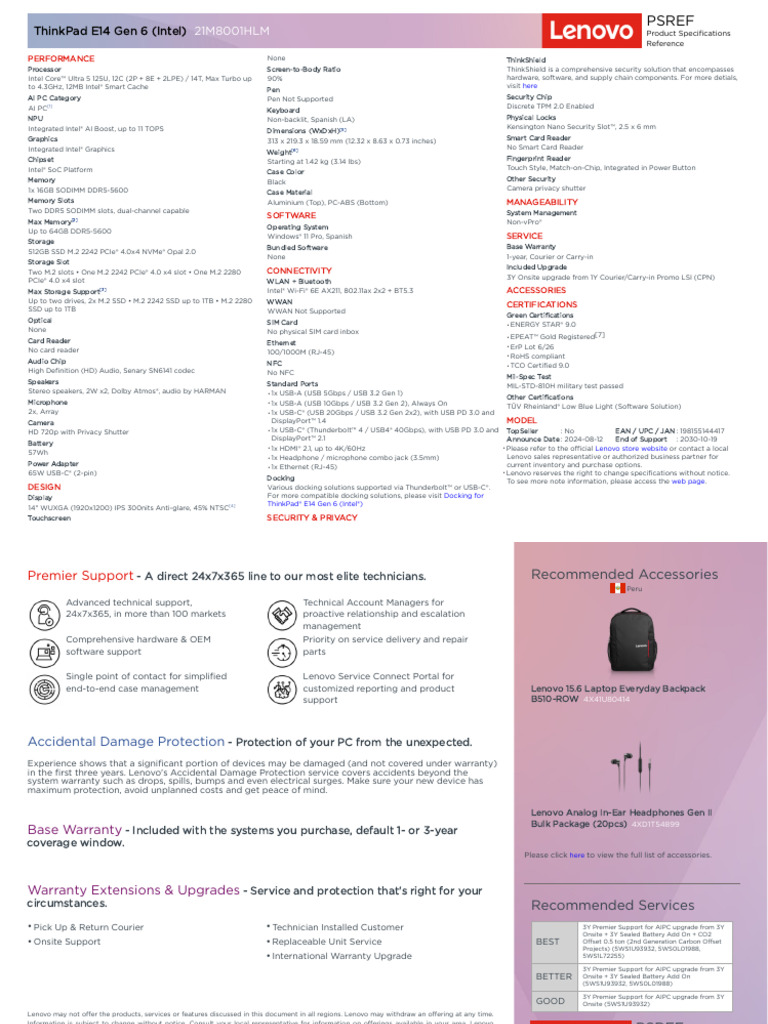 ThinkPad E14 Gen 6 Intel-21M8001HLM-Specification-20260212225913 | PDF ...