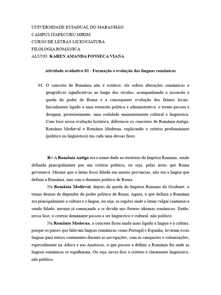Atividade 02 - Filologia Romanica - em Sala | PDF | Latim | Império Romano