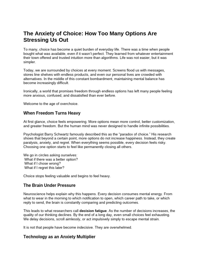 The Anxiety of Choice_ How Too Many Options Are Stressing Us Out | PDF ...