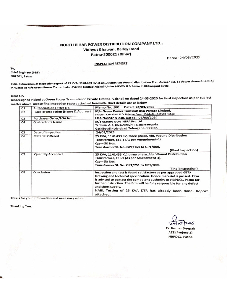 Green Power Final Inspection Report Lt-961 Dt-24.03.25 | PDF