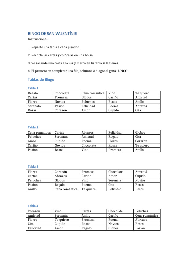 Bingo San Valentin | PDF