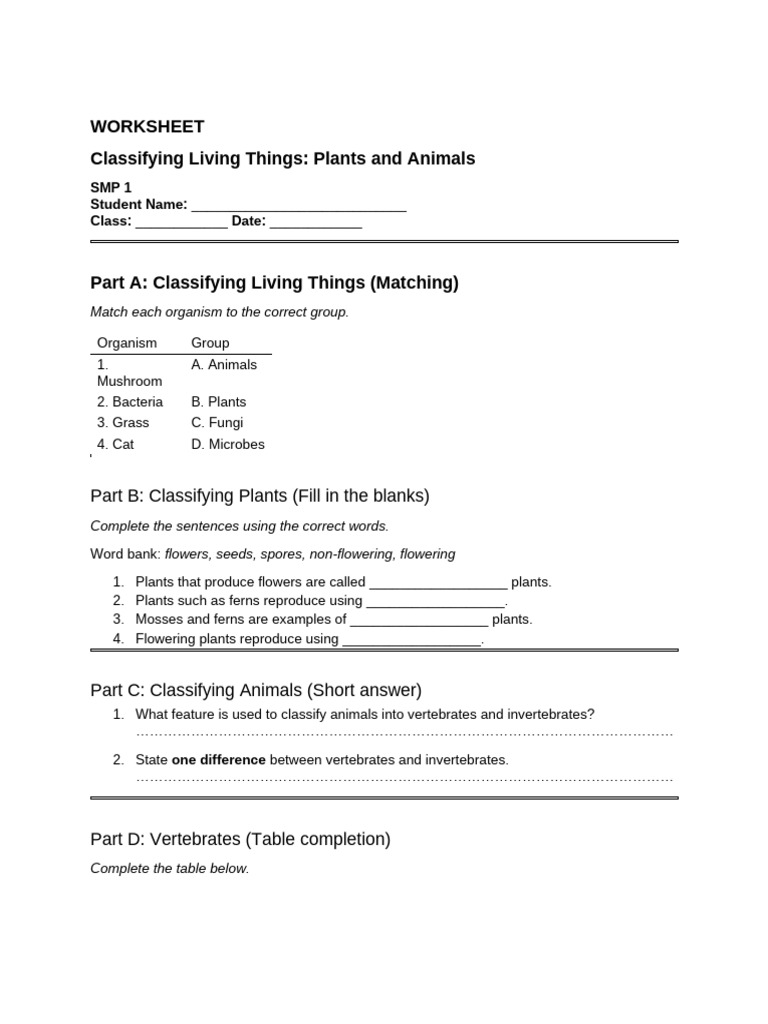 SMP 1 - T3 W4 - Worksheet - Classification of Living Things | PDF ...