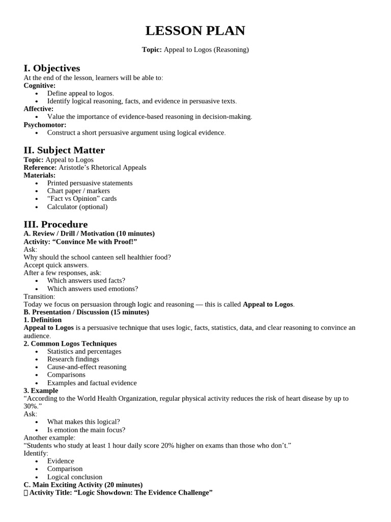 Lesson Plan On Appeal To Logos | PDF | Persuasion | Logos